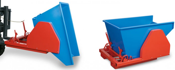 Self-tipping skip with side protection, forklift attachment